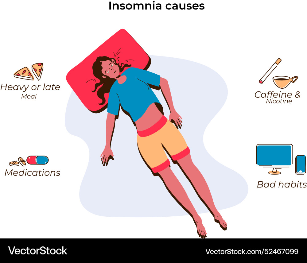Flat design insomnia causes set Royalty Free Vector Image