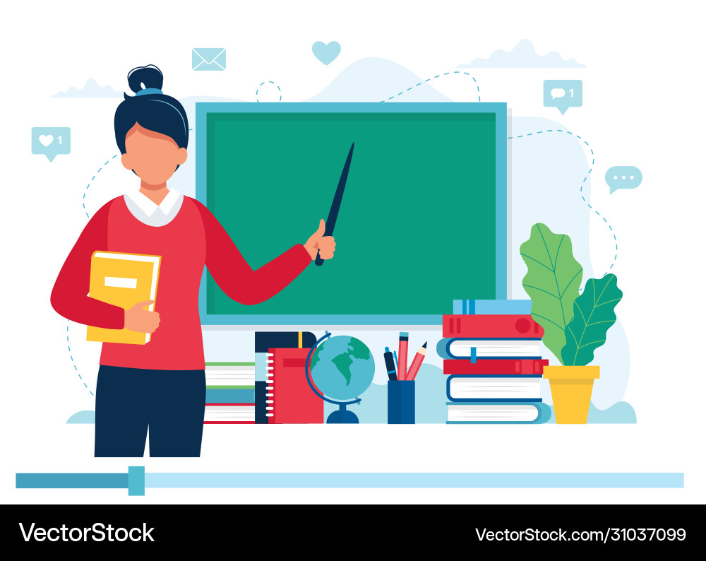 Online learning concept female teacher with books Vector Image