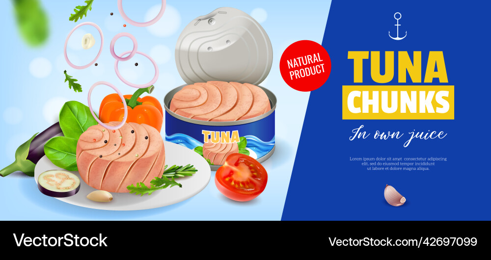Realistic tuna canned horizontal poster Royalty Free Vector