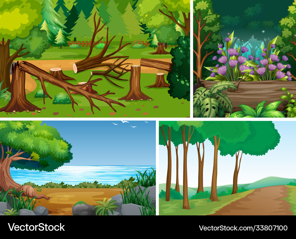 Four different scene forest cartoon style Vector Image