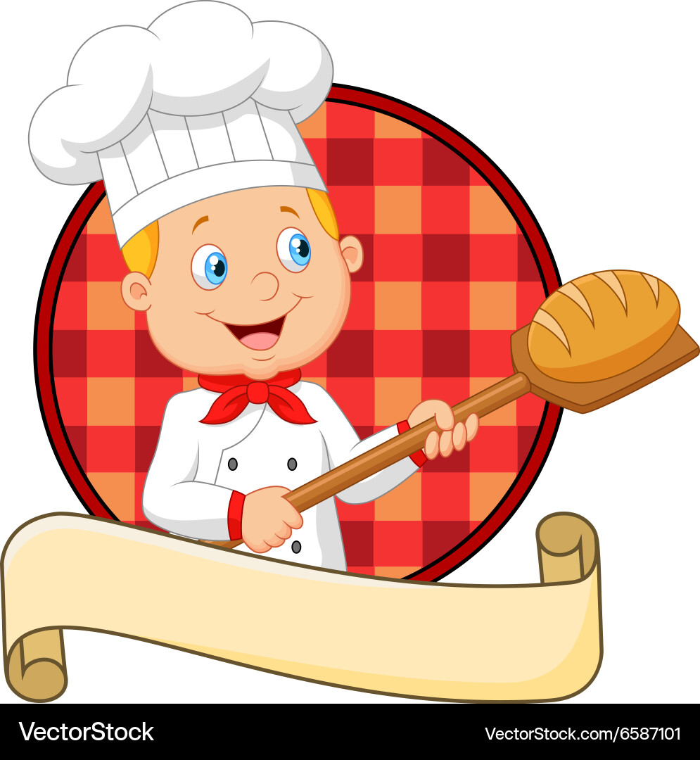 Cartoon baker holding bakery peel tool with bread Vector Image