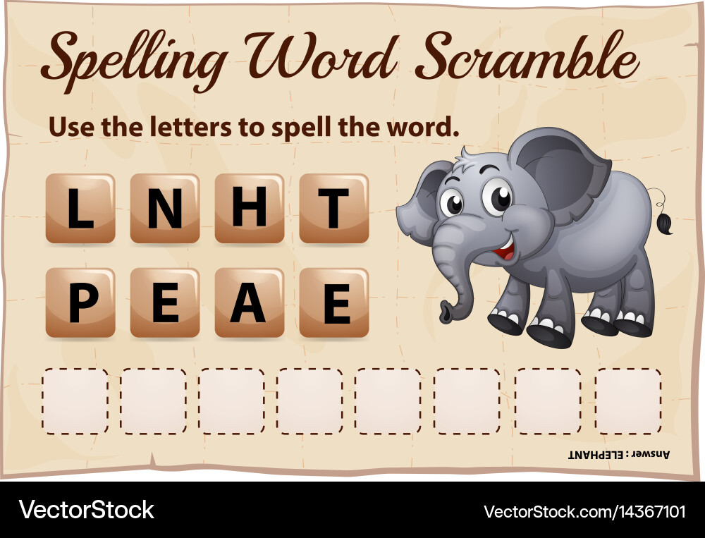Spelling word scrable game with elephant Vector Image