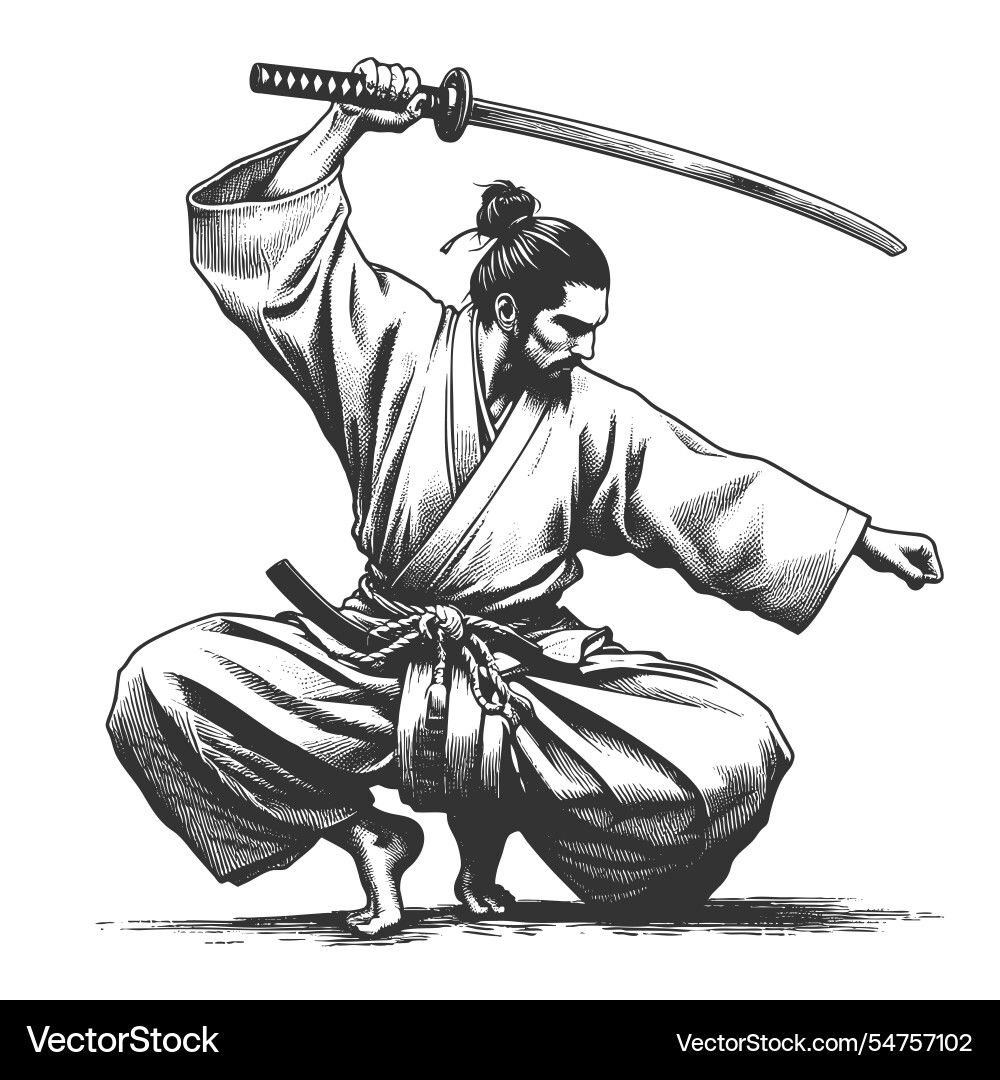Bushido samurai with sword engraving Royalty Free Vector
