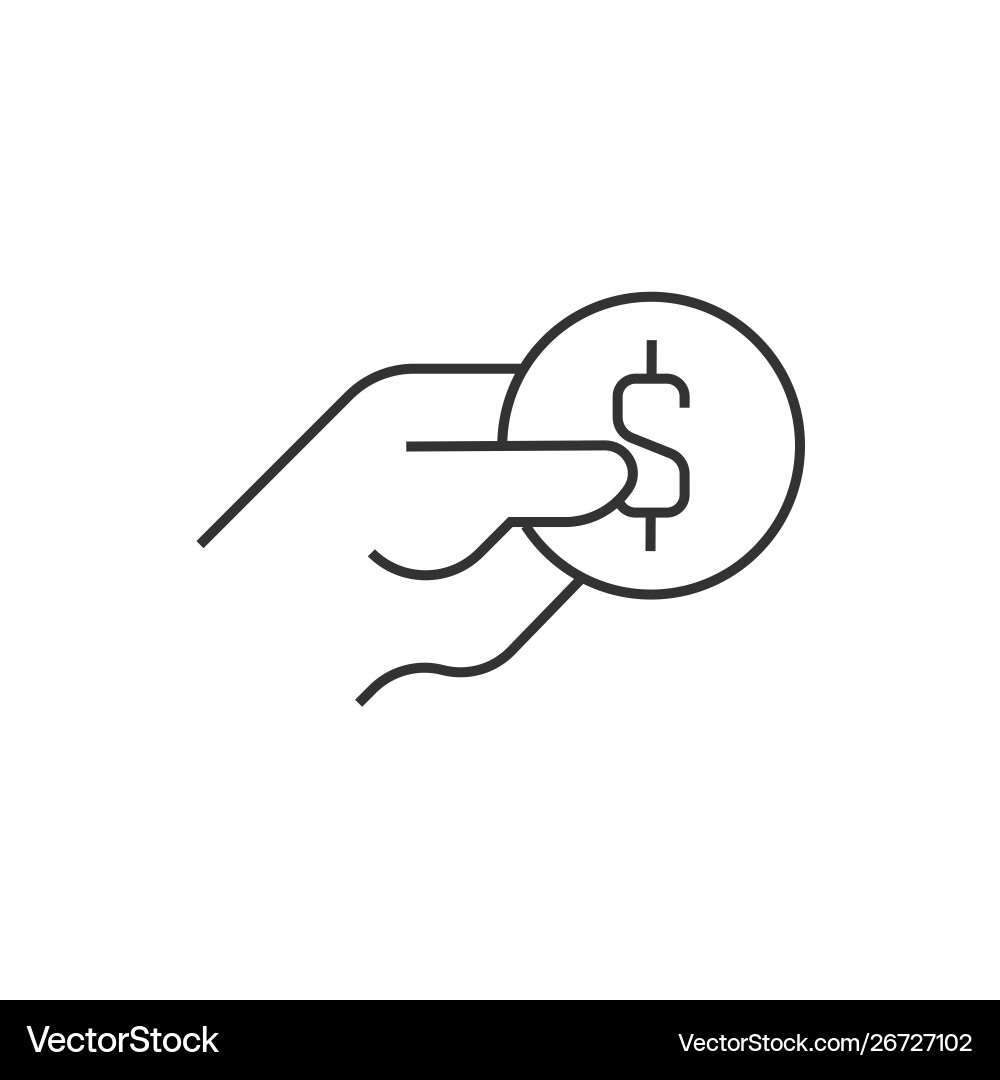 Hand holding coin outline icon on white background