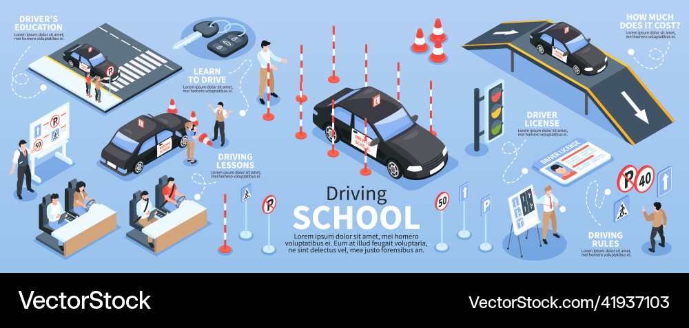 Isometric colored driving school infographic Vector Image