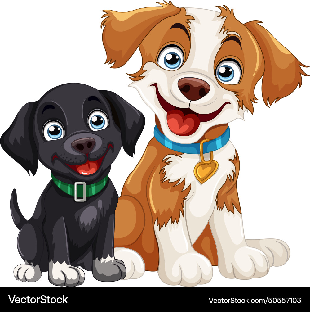 Two cheerful dogs sitting together smiling Vector Image