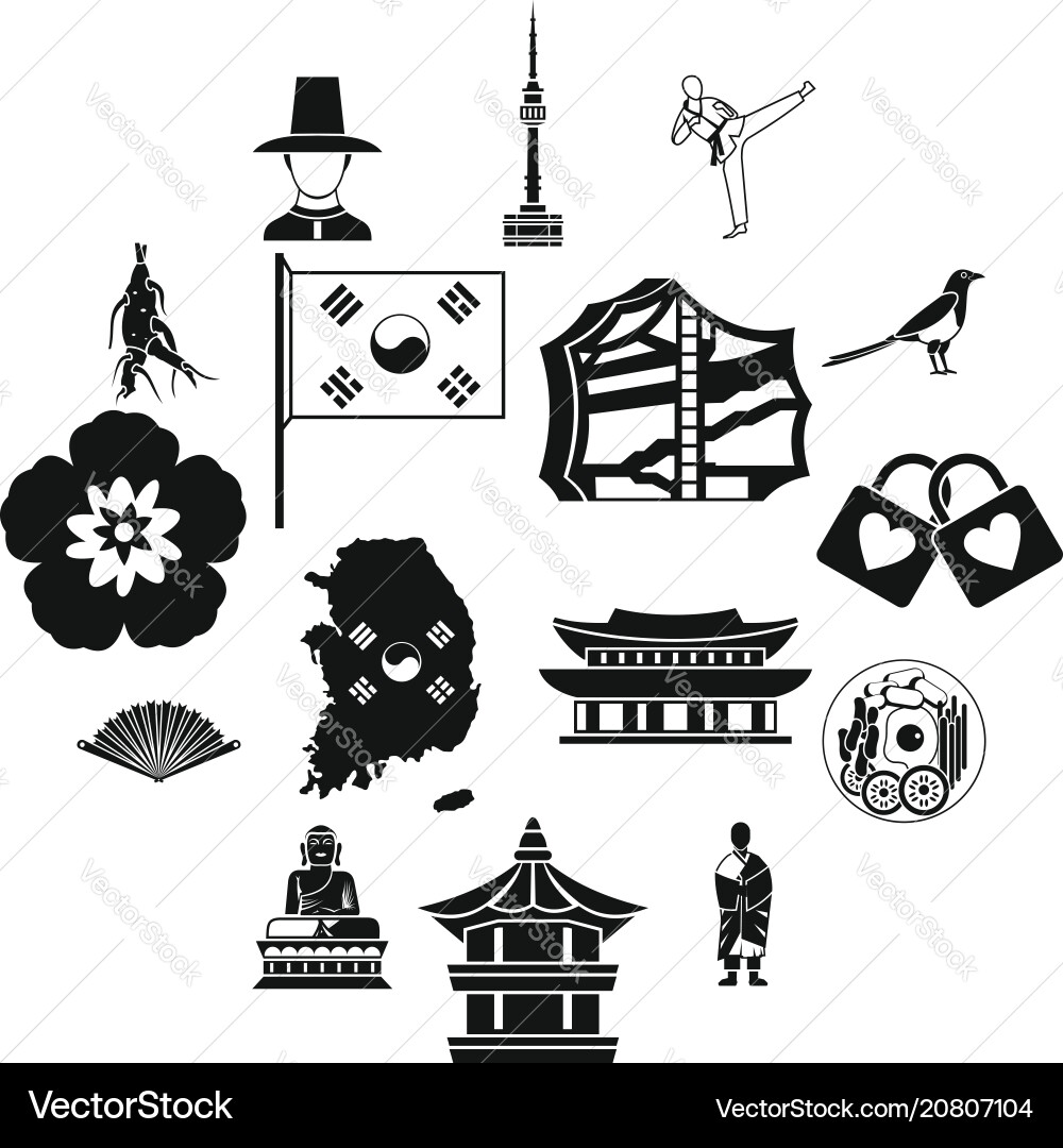 South korea icons set simple style Royalty Free Vector Image