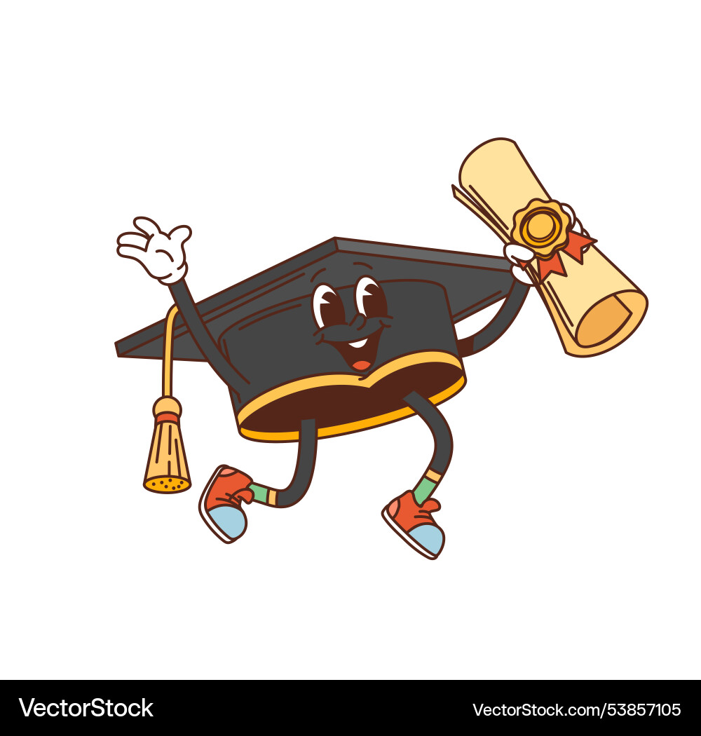 Groovy student graduation cap retro character Vector Image