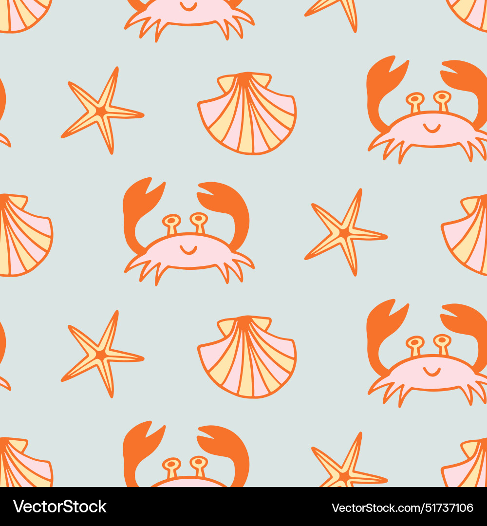 Cute crabs and sea shells doodle seamless pattern Vector Image