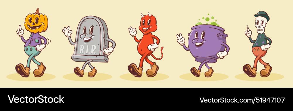 Groovy halloween retro characters set cartoon Vector Image