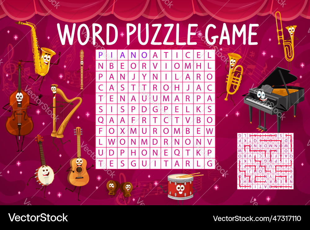 Cartoon musical instruments word search puzzle Vector Image