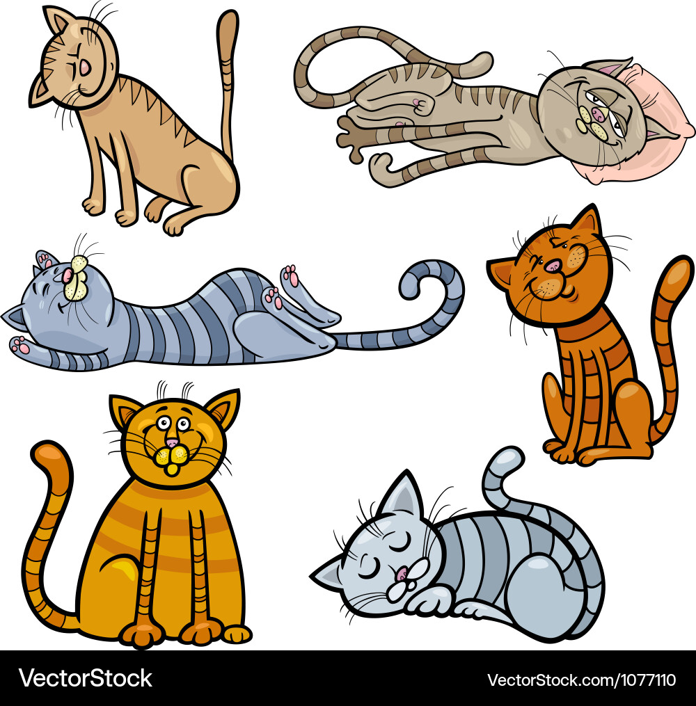 Happy and sleepy cats cartoon set Royalty Free Vector Image