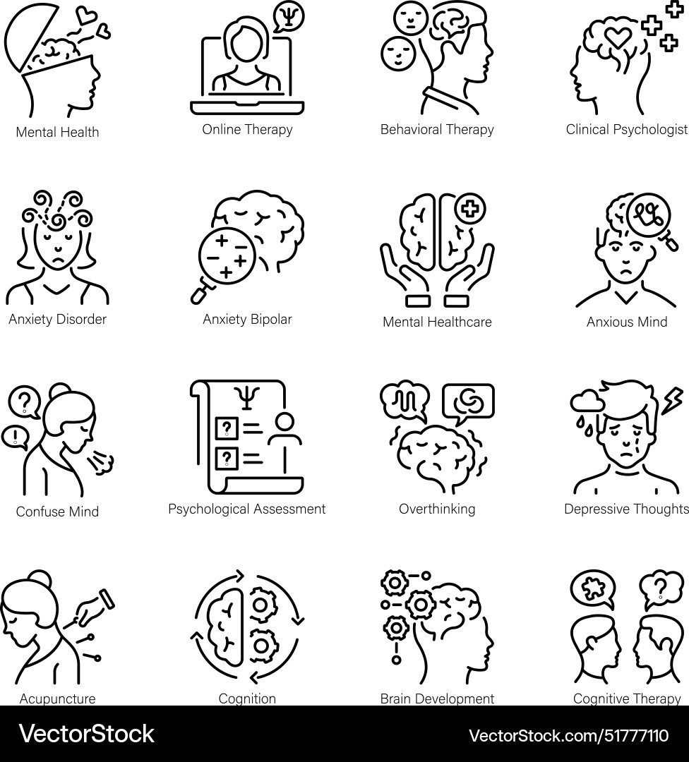 Pack of psychology issues outline icons Royalty Free Vector