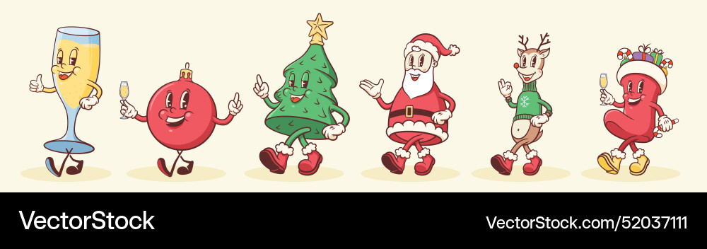Groovy christmas retro characters set cartoon Vector Image