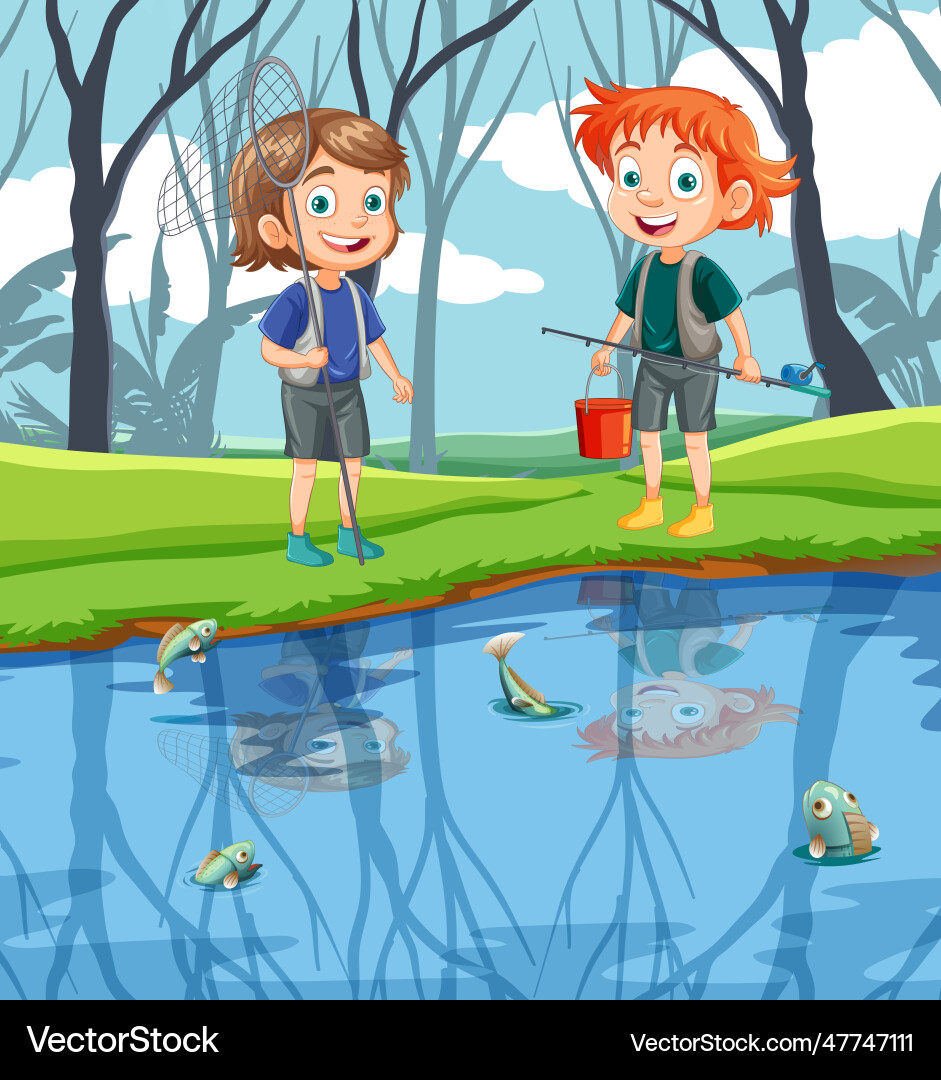 Kids cartoon characters exploring pond in forest Vector Image