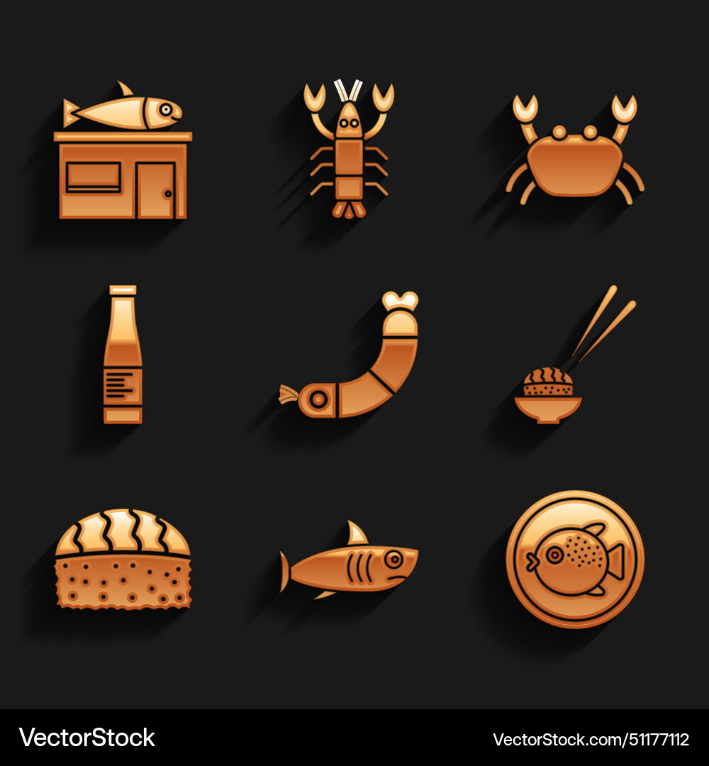 Set shrimp shark puffer fish on plate sushi sauce Vector Image