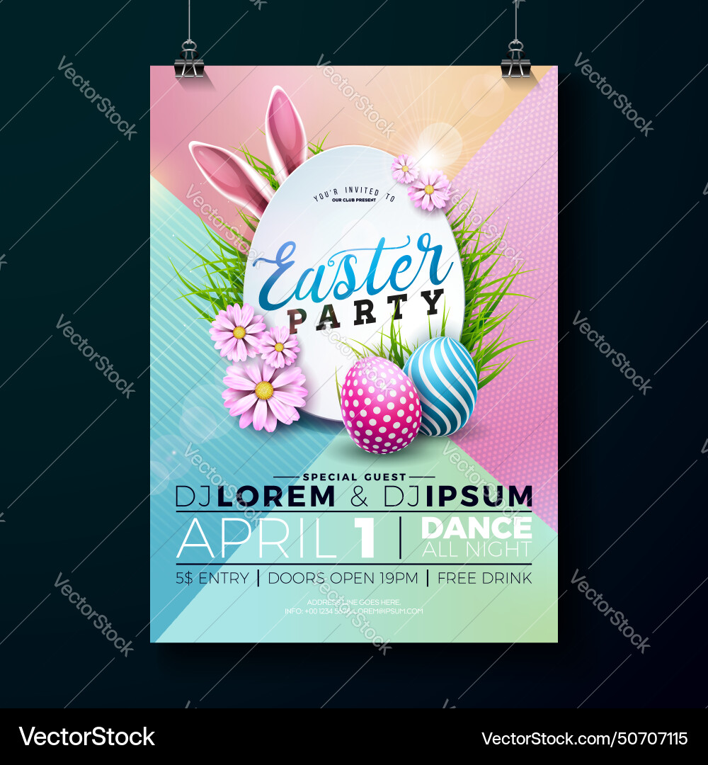 Easter party flyer with painted eggs Royalty Free Vector