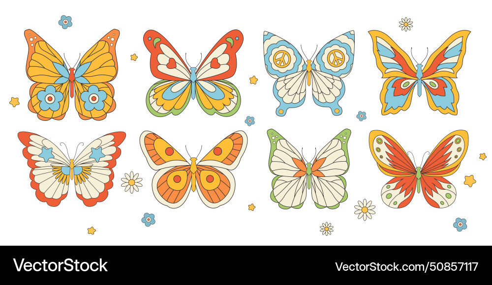 Beautiful groovy butterfly hand drawn Royalty Free Vector