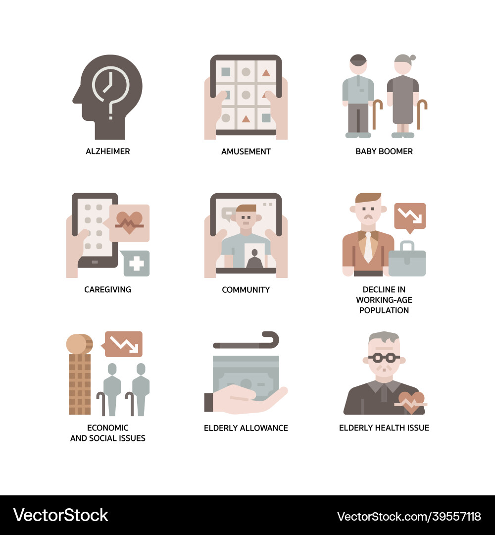 Ageing society icons set Royalty Free Vector Image