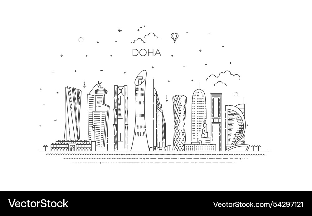 Doha skyline cityscape in black and Royalty Free Vector
