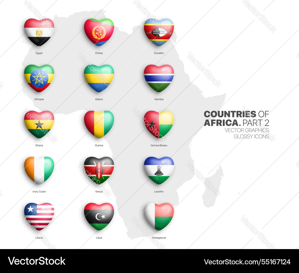 All african countries flags 3d heart glossy icons Vector Image