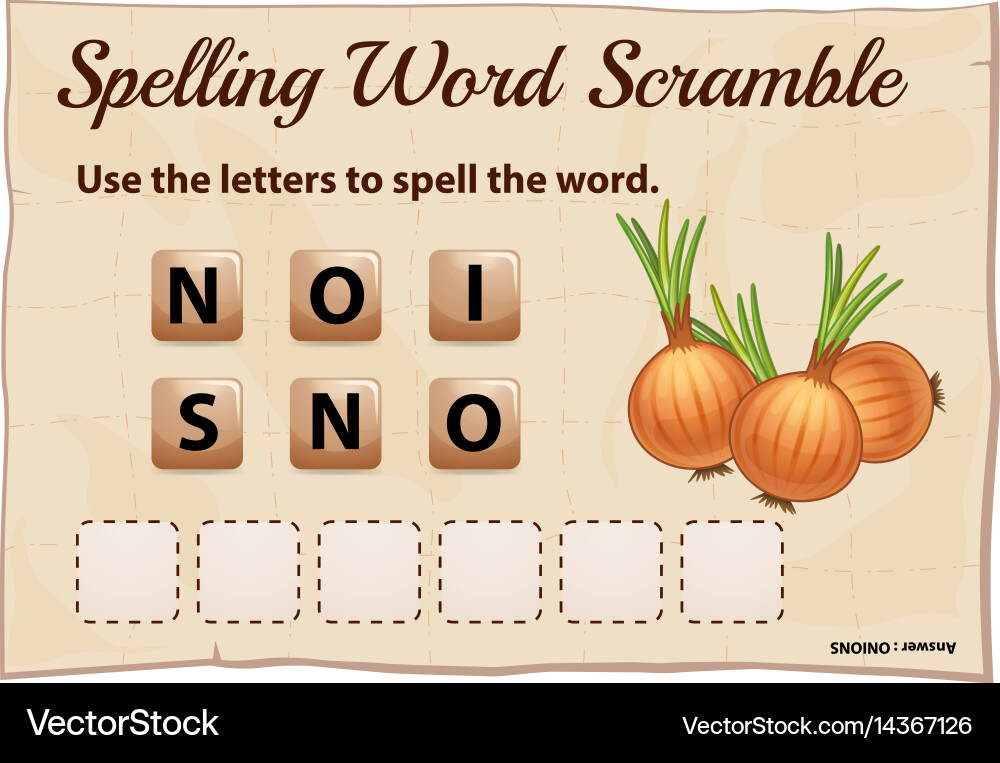 Spelling word scramble game with onions Royalty Free Vector