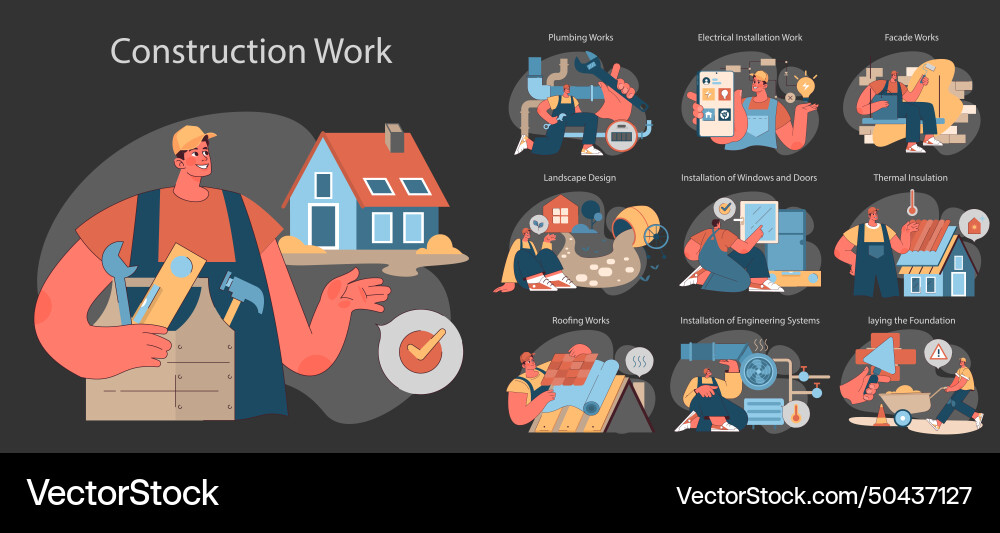 Construction work set diverse crew performing Vector Image