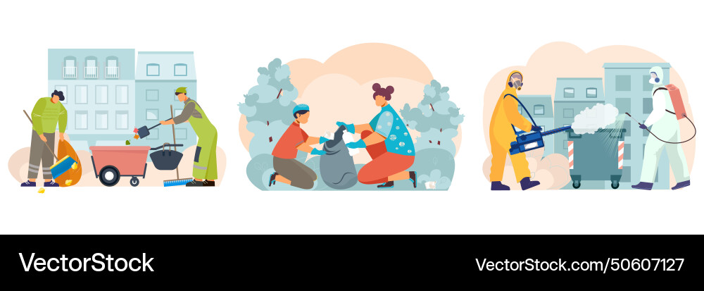 Street cleaning flat compositions Royalty Free Vector Image