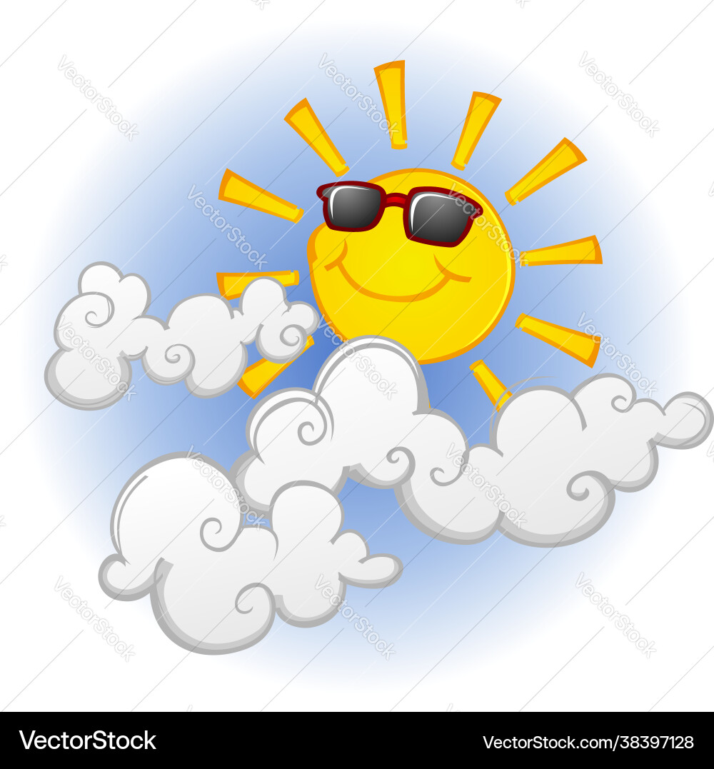 Cool sun cartoon character in clouds Royalty Free Vector