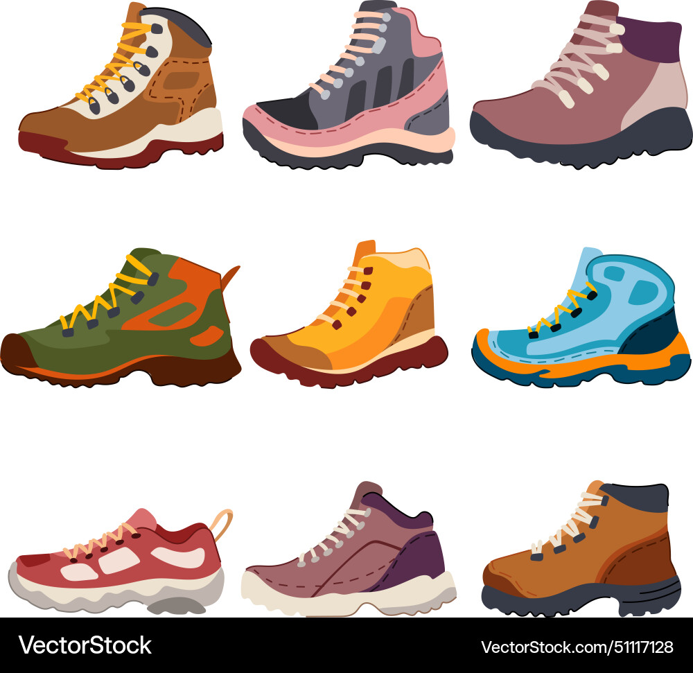 Hiking boots female set cartoon Royalty Free Vector Image