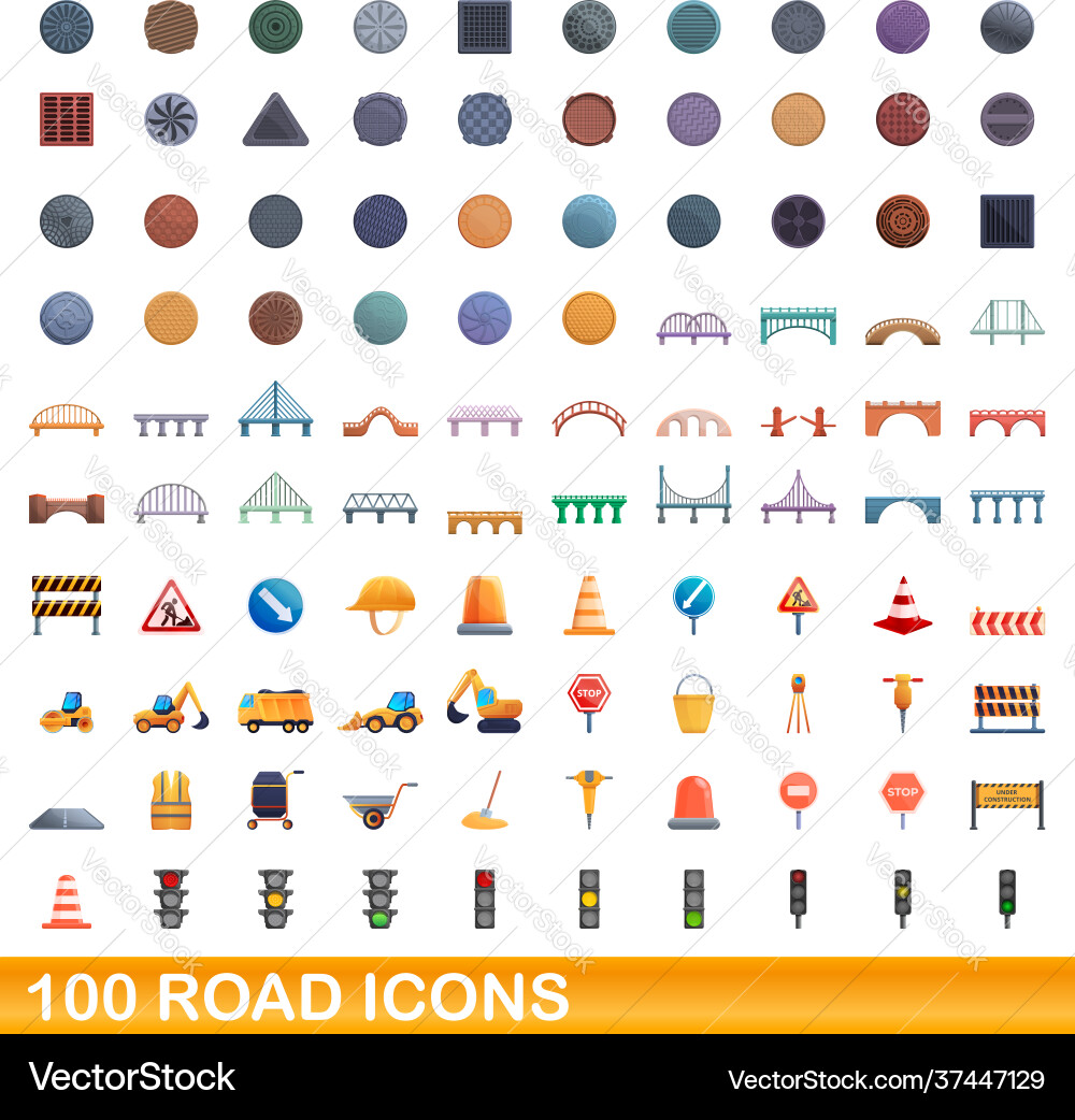 100 road icons set cartoon style Royalty Free Vector Image
