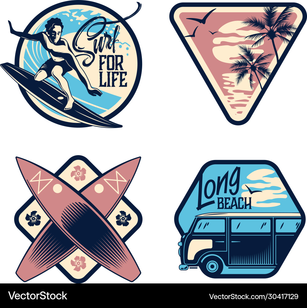 Surfing hand drawn emblems Royalty Free Vector Image