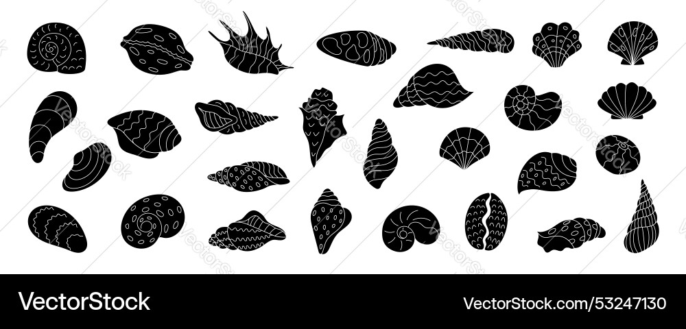 Cartoon sea shells silhouettes set Royalty Free Vector Image
