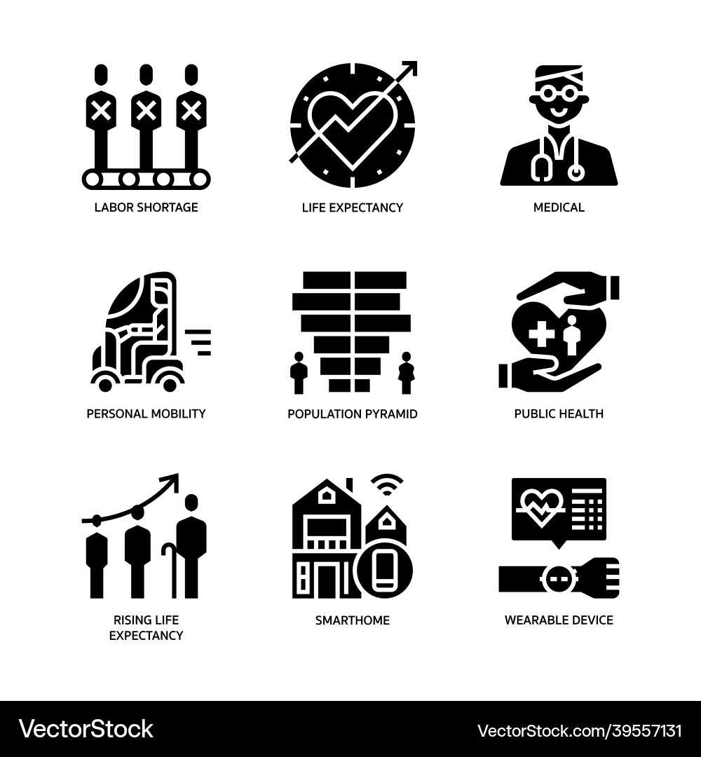 Ageing society icons set Royalty Free Vector Image