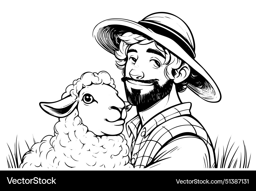 Sheep and farmer hugs on the field Royalty Free Vector Image