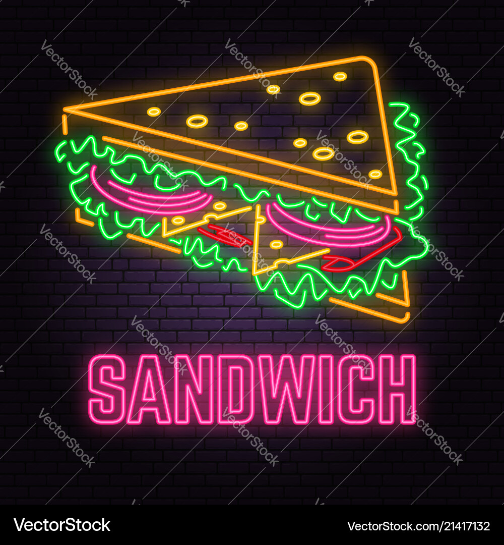 Retro neon sandwich sign on brick wall background Vector Image