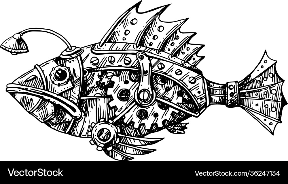 Mechanical fish hand drawn Royalty Free Vector Image