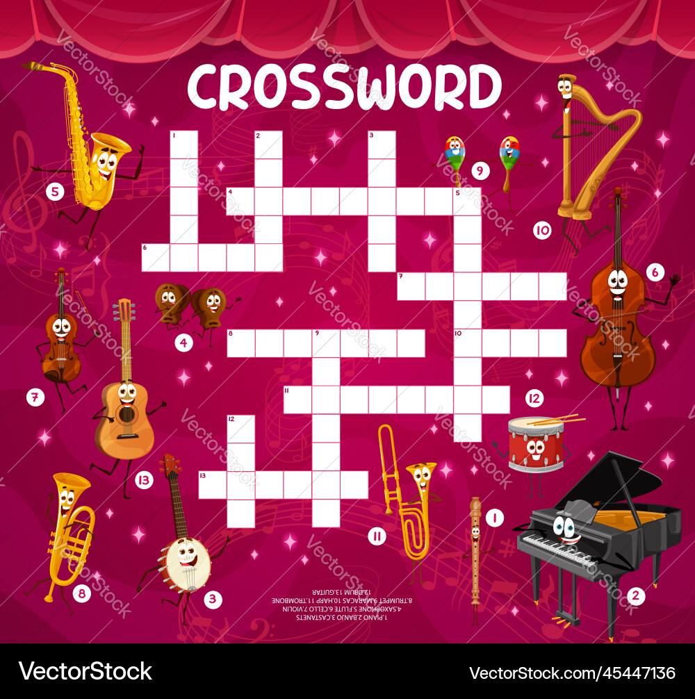 Crossword quiz grid cartoon musical instruments Vector Image