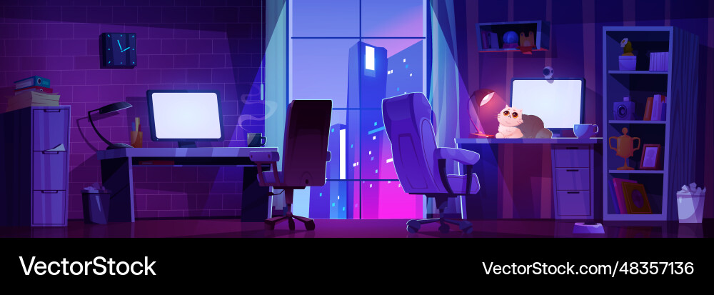 Home or office room with computers at night Vector Image