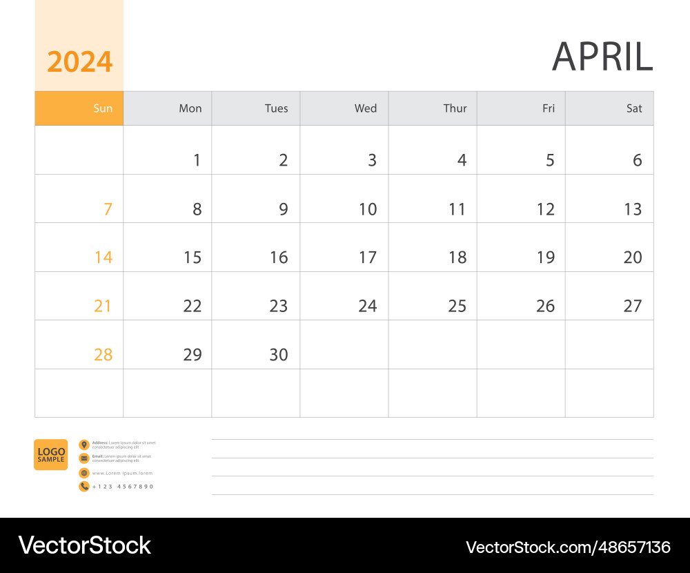 Monthly calendar template for 2024 year april Vector Image