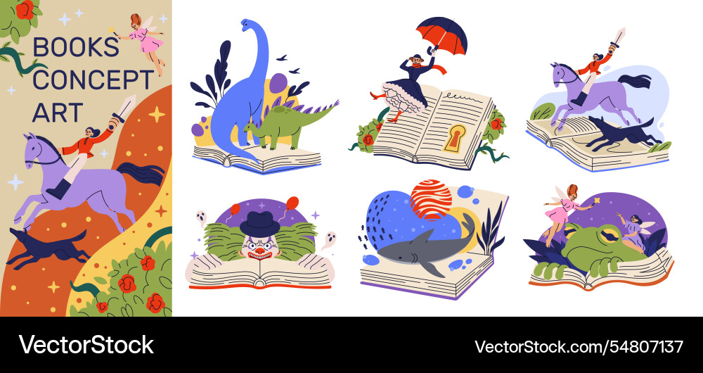 Fantasy book pages with fictional characters Vector Image