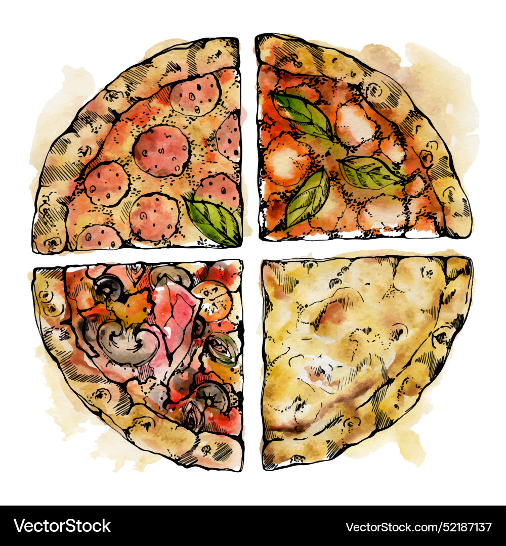 Hand drawn watercolor ink pizza slice Royalty Free Vector
