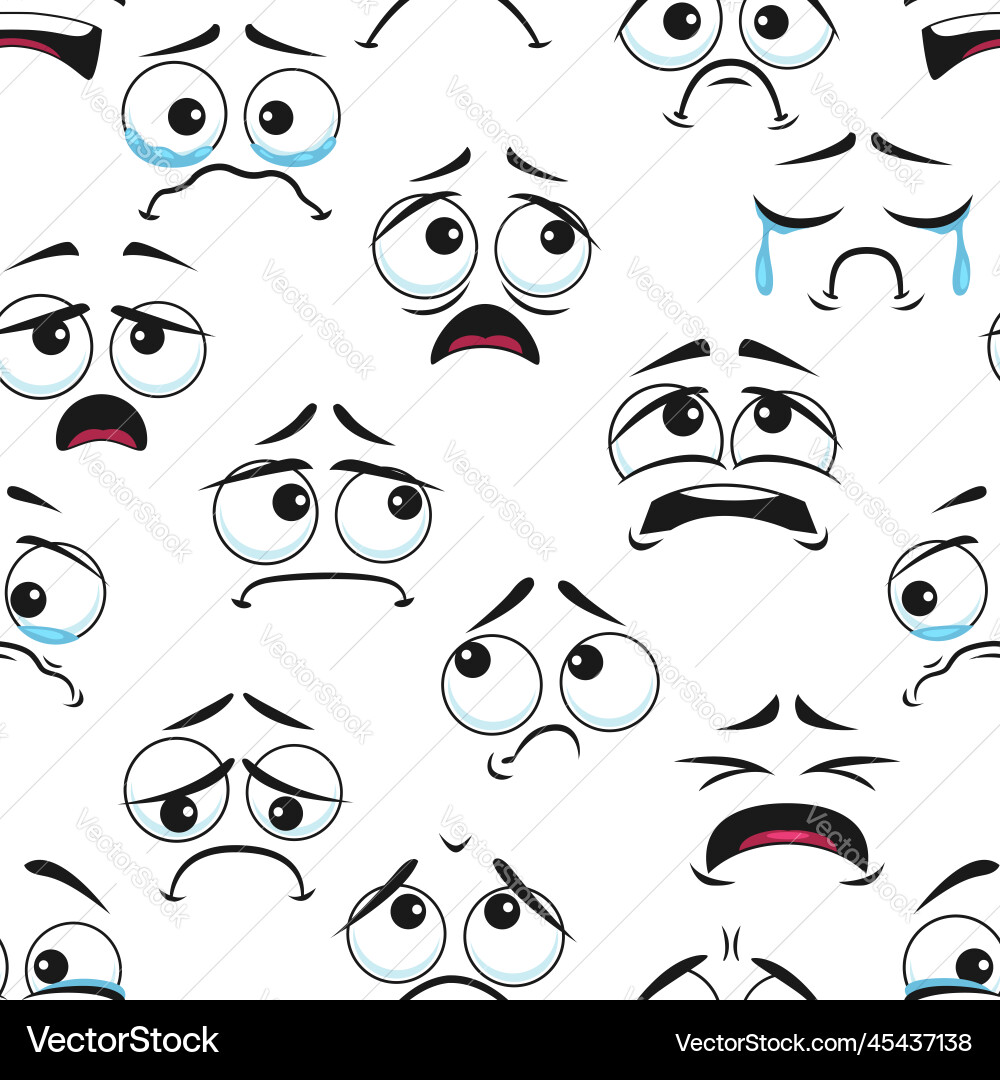 Sad and crying cartoon faces seamless pattern Vector Image