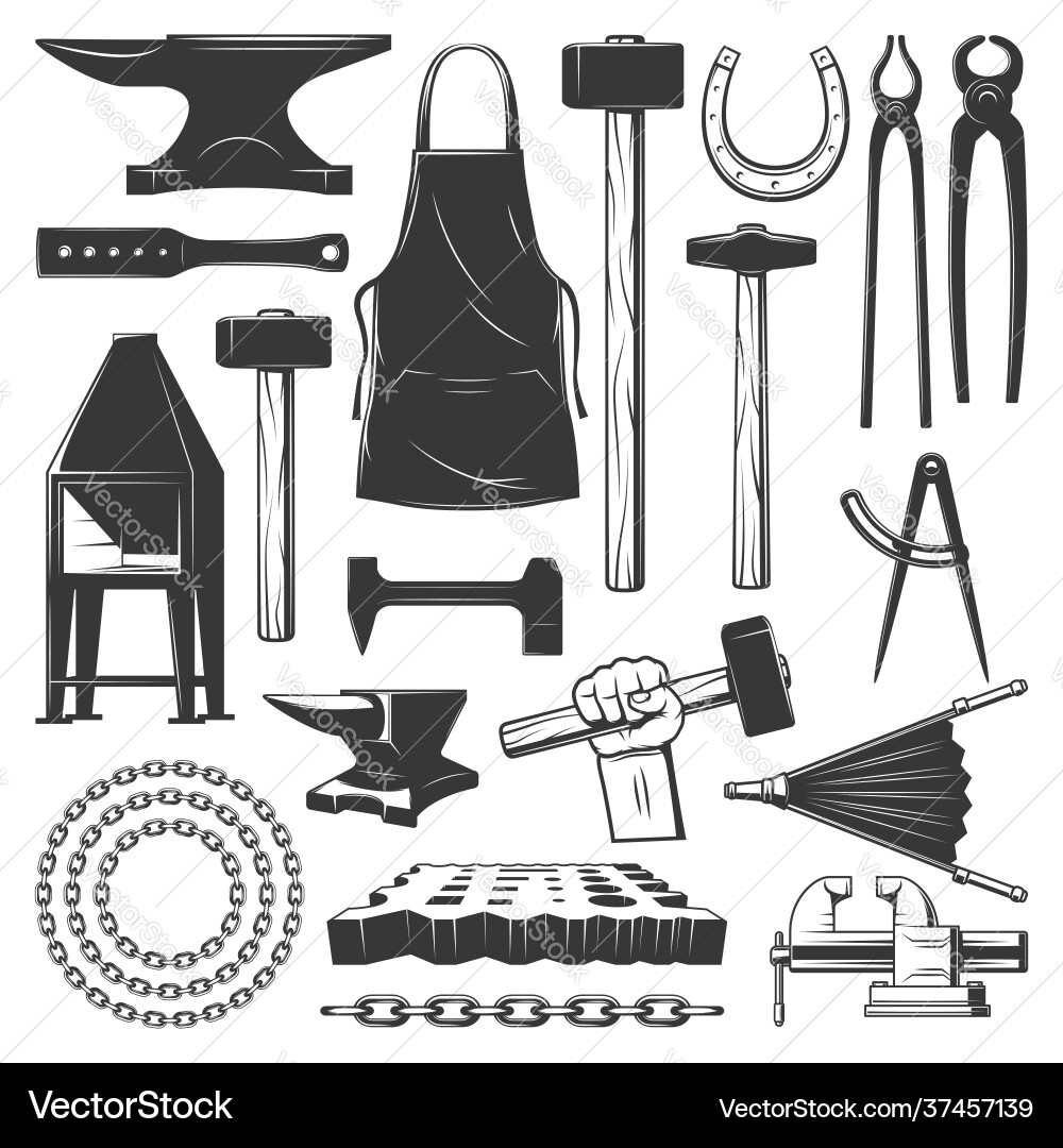 Blacksmithing ironworks and forging tools icons Vector Image