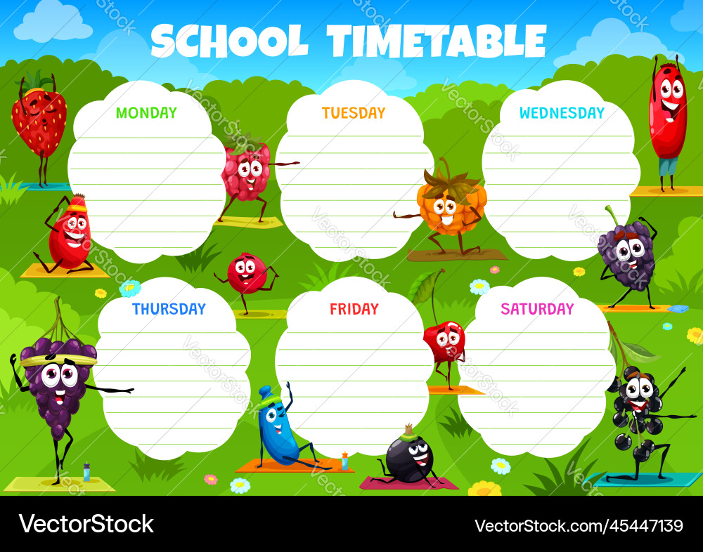 Timetable schedule with berry characters on yoga Vector Image