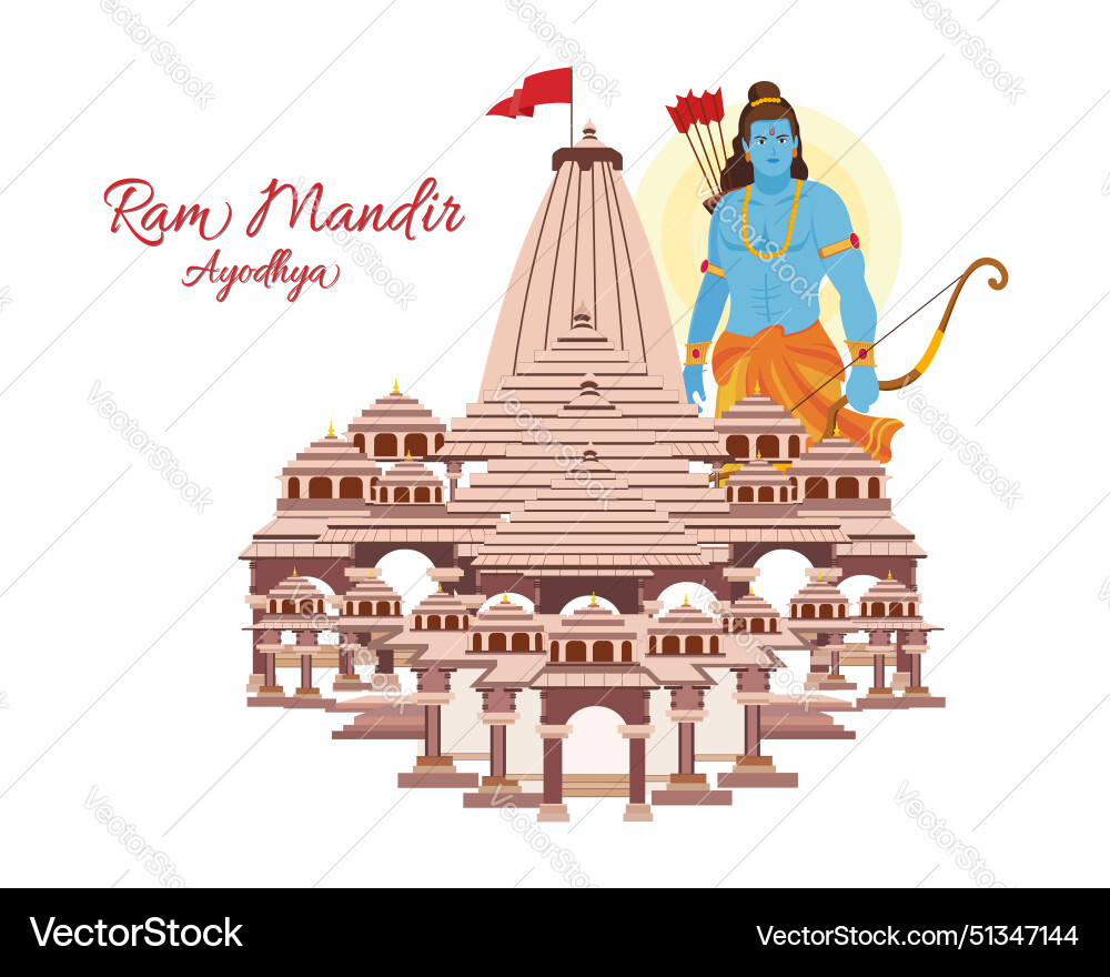 Ram mandir temple design in ayodhya with shri ram Vector Image