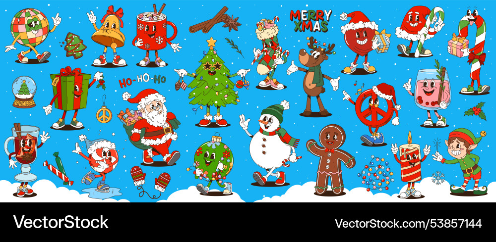 Retro cartoon groovy christmas characters Vector Image