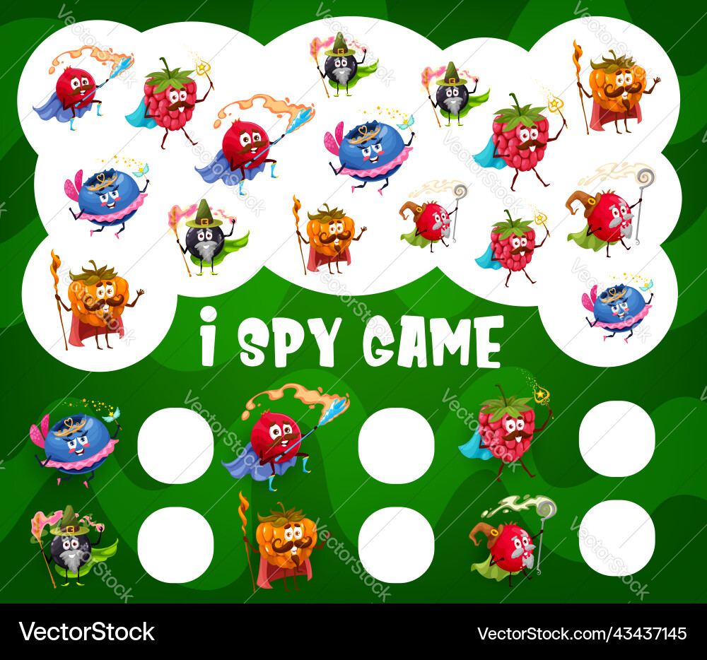 I spy game worksheet with cartoon berry wizards Vector Image