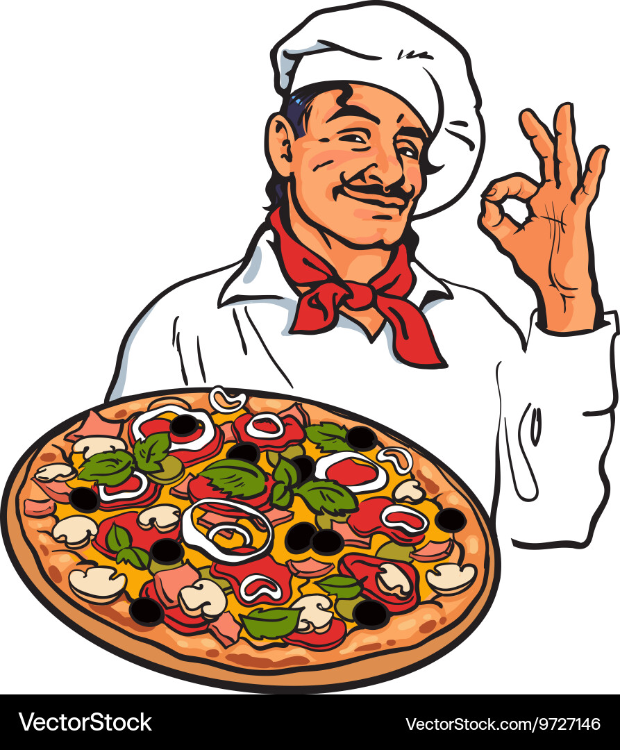 Sketch of smiling italian chef holding pizza Vector Image