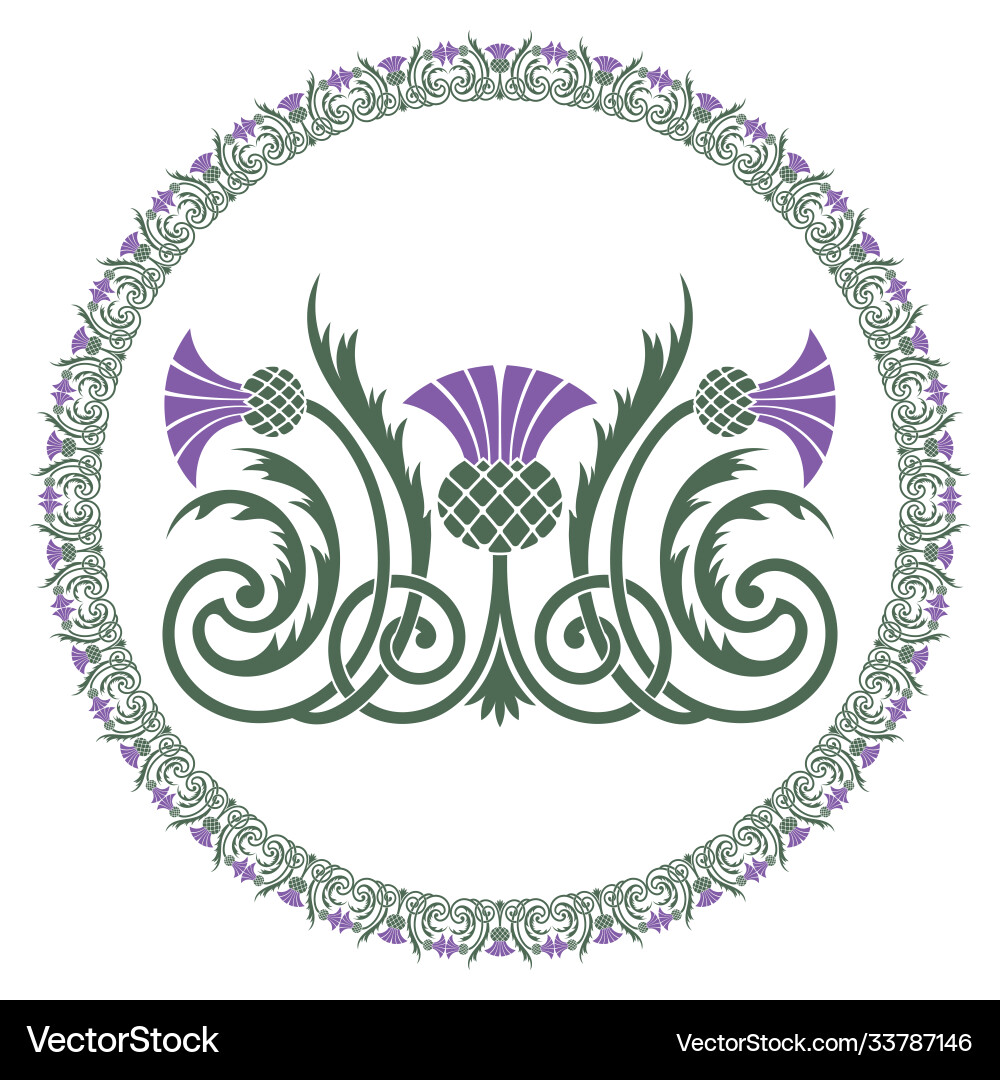 Thistle leaves and flowers ornament round leaf Vector Image